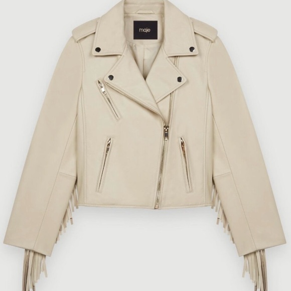 Maje | Jackets & Coats | Maje Cream Cropped Leather Jacket With Fringe ...